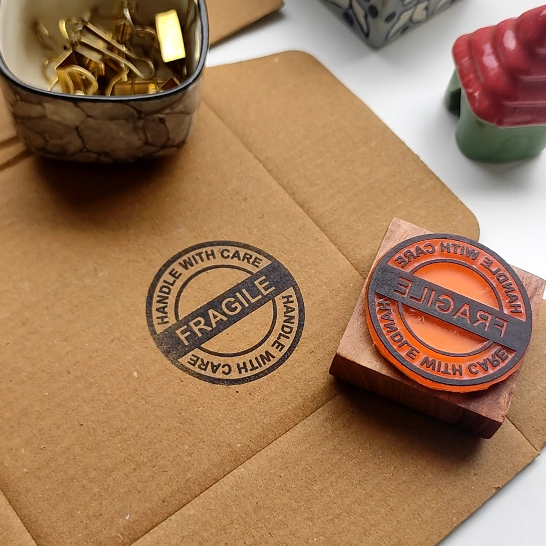 Personalised Business Rubber Stamp with Wooden Mount- Fragile (Round ...