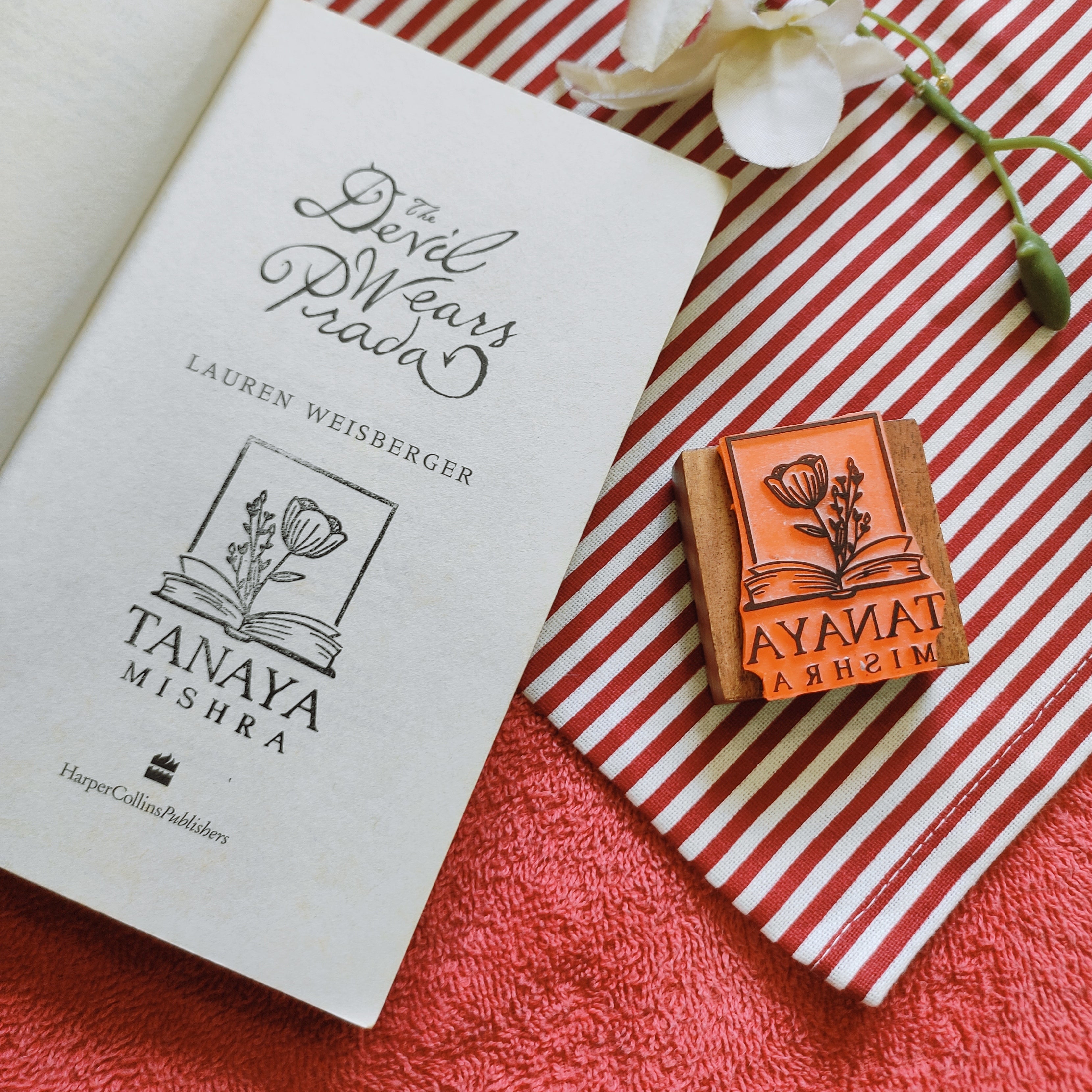 Personalised Rubber Name/Library Stamp with Wooden Mount - Book Flower ...